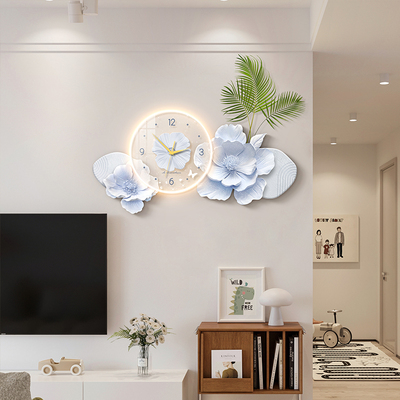 牡丹奶油装饰画餐厅挂钟小众艺术挂画客厅电视背景墙2V024新款钟