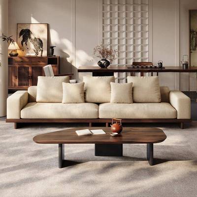 现代中式黑胡桃木实木沙发2025新款直排茶楼卡座禅意宋氏美学家具