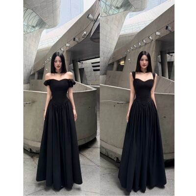 BETTER ME 黑色大摆收腰赫本裙欧美风性感立体鱼骨束身显瘦