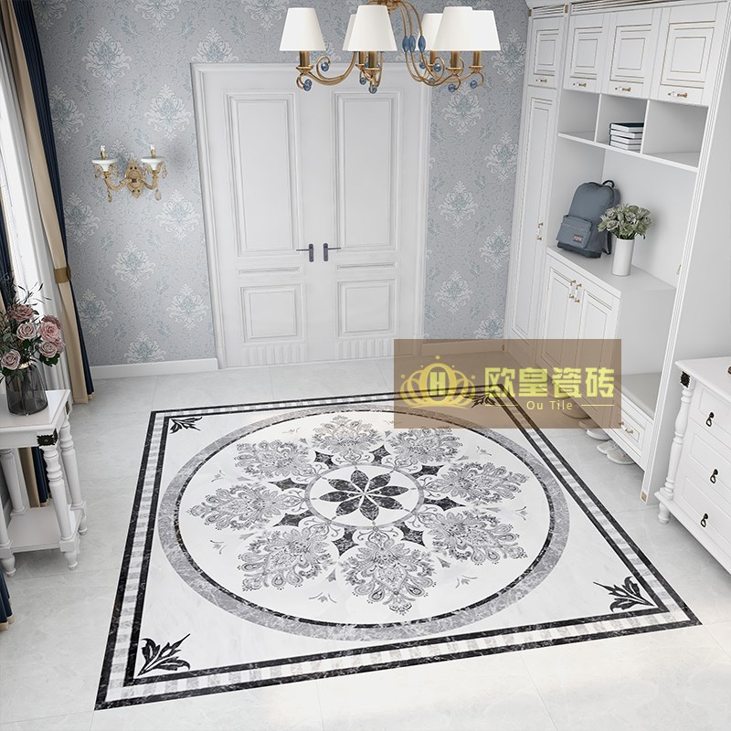 简约现代客厅拼花地砖800x800灰色玄关抛晶砖餐厅仿水刀拼图瓷砖