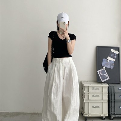 sun柚 春秋白色休闲裤子皱感尼龙棉挺括有型立体廓形阔腿裤杨桃裤