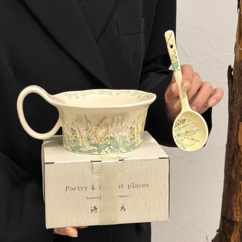 复古油画风铃花陶瓷手把碗高颜值沙拉碗带勺燕麦碗酸奶碗女生礼物