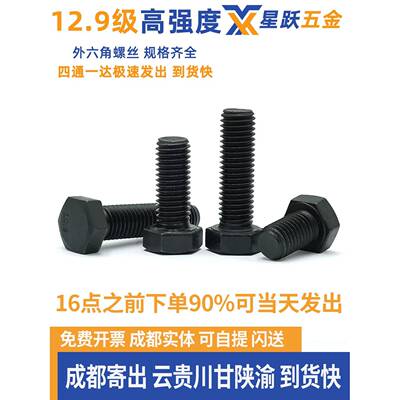 12.9级高强度外六角螺丝GB5783螺栓螺钉GB5782发黑六角头加长螺杆