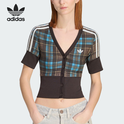 Adidas/阿迪达斯官方正品三叶草女士格纹纽扣运动V领短袖KW4548