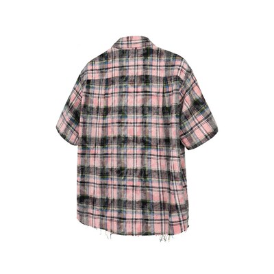 DESERTO 做旧毛边晕染洗褪Vintage脏粉全棉格纹休闲宽松短袖衬衫