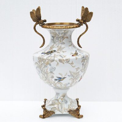 客厅居家欧式摆件高贵花鸟清新中式铜配陶瓷花瓶台面装饰花器1486