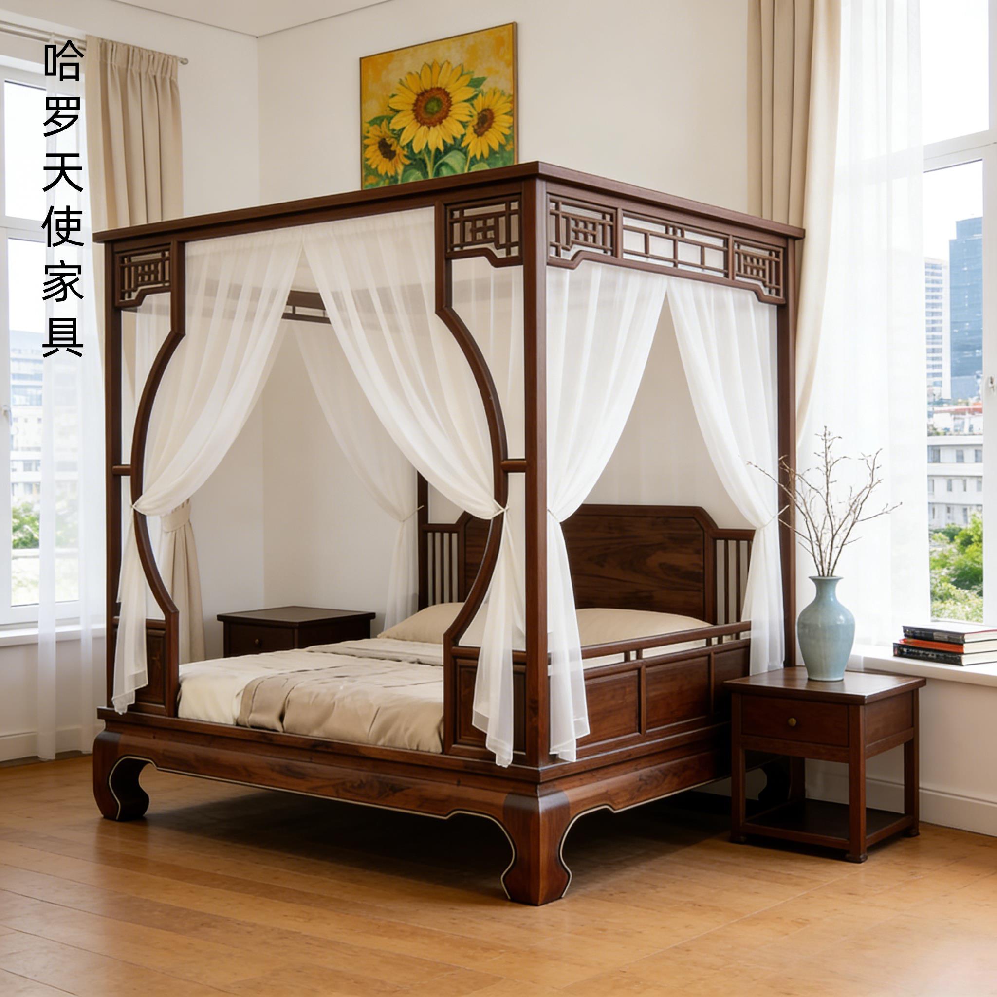 新中式美黑胡桃26031702古木架子家床用双人拔步床实北木床典婚床