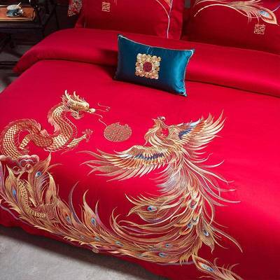家纺婚庆全套棉床单四件套高端龙凤式刺中绣结婚被床上CRC用品