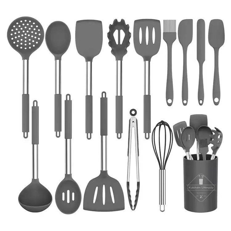 厨房工具不锈钢管柄硅胶厨具厨房用具烹饪勺铲不粘锅收纳.桶15件