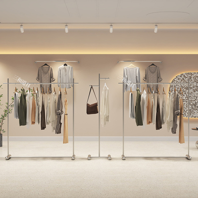 服装店网红挂衣架不锈钢拉丝银落地式货架挂衣Q杆服装展示陈列架