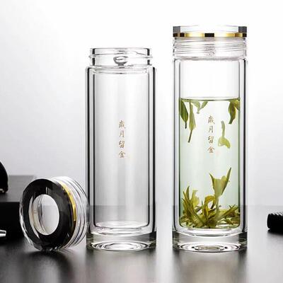 华象2196-4岁月留金商务简约一体加厚玻璃杯双层耐热玻璃泡茶杯