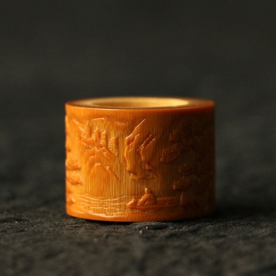 精品名家向平纯手工浅浮雕山水风光图老玉竹扳指竹雕壁厚满工指环