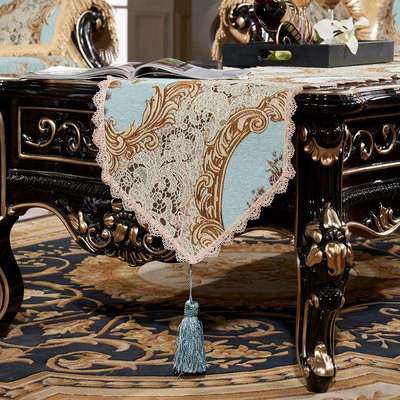 芬尼迪桌旗欧式雪尼尔提花蓝色咖色美式茶几台布5