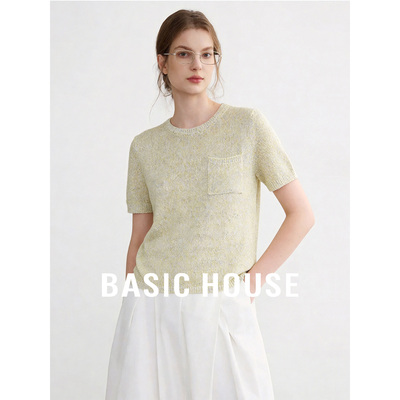 Basic House/百家好绿色女士针织衫短袖夏2026新款圆领后开叉上衣