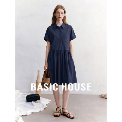 Basic House/百家好文艺藏青短袖衬衫裙夏翻领高腰宽松遮肉中长裙
