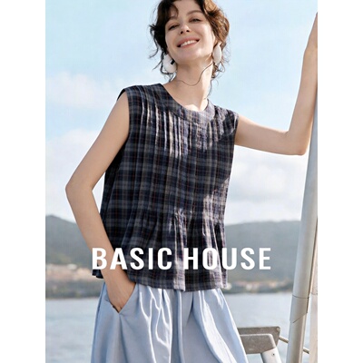 Basic House/百家好新款纯棉质感格子无袖衬衫女压褶设计上衣夏装