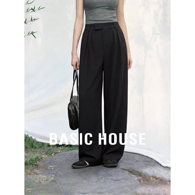 Basic House/百家好黑色高腰直筒阔腿西装裤显瘦通勤女装休闲长裤