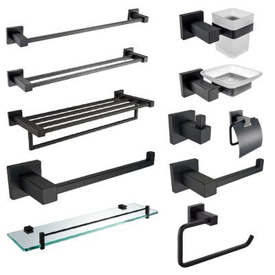贝西打孔浴室挂件套装黑色衣钩简约304不锈钢毛巾杆肥皂碟漱口杯