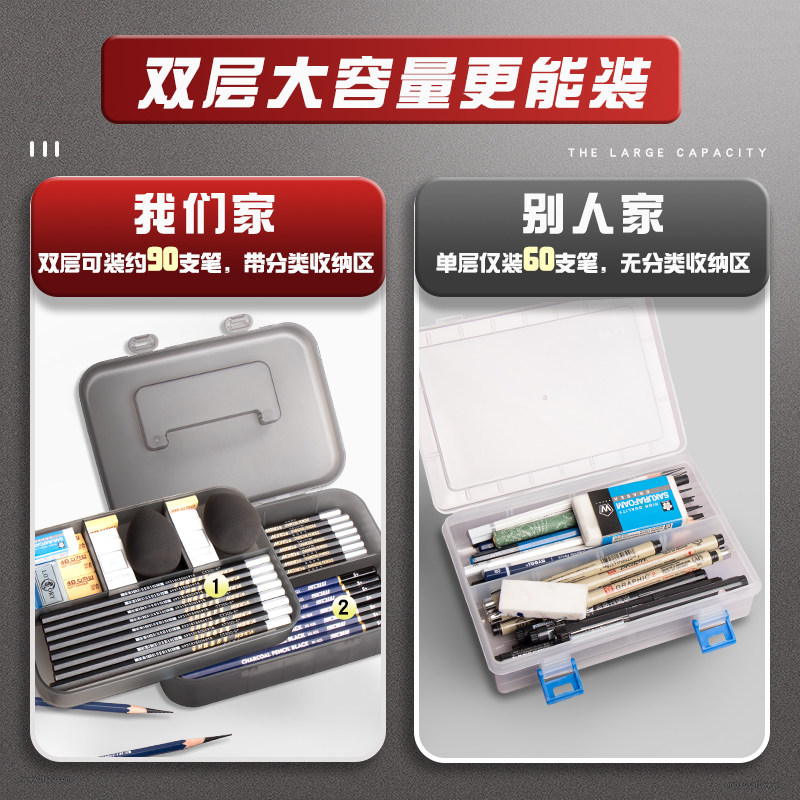 博拉图素描笔盒磨砂透明素描铅笔盒美术生专用防断铅收纳箱文具盒