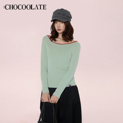 【烈儿宝贝】：CHOCOOLATE撞色斜肩褶皱长袖针织衫CCLKNXKL02830