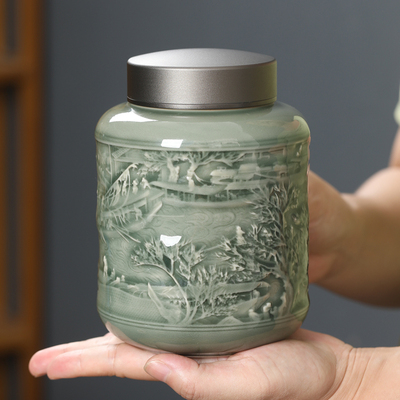 陶瓷茶叶罐密封罐青瓷浮雕空茶罐子家用储茶罐红茶绿茶普洱茶罐