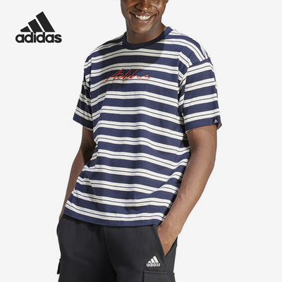 Adidas/阿迪达斯官方正品运动男士条纹时尚圆领休闲短袖T恤IN6483
