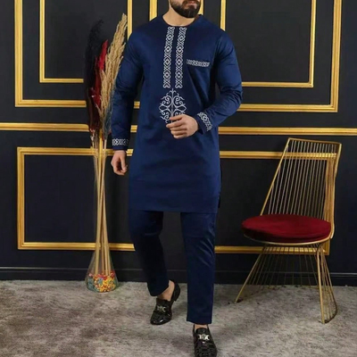 Muslim Men Suits非洲男士民族服饰长袖刺绣衬衫裤子传统两件礼服