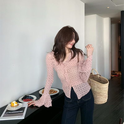 AloneSavor龙喜儿 精致蕾丝菱格纹小衫浪漫花边长袖套头衫J915