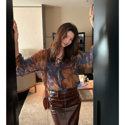 Alone Savor龙喜儿 度假风人丝灯笼袖衬衫晕染系带捏褶女小衫K674