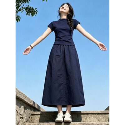 夏季女复古藏蓝T恤A字裙两件套