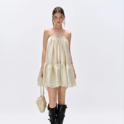 李梦同款MarcMoore法式吊带甜美多层荷叶边天丝A型露背蓬蓬连衣裙