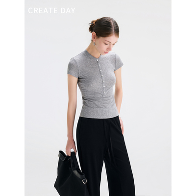 CREATE DAY 纯色T恤修身时尚莱赛尔精致女士内搭女士T恤