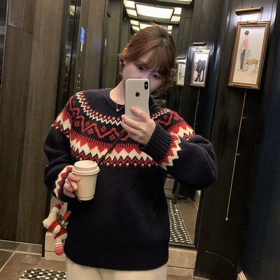 333sss 深蓝色宽松加厚圆领套头费尔岛雪花毛衣女短款上衣冬季