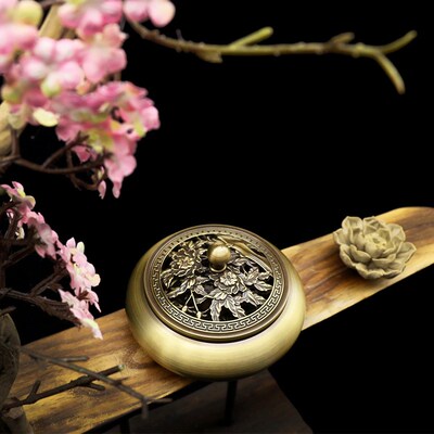 厂家全铜香炉富贵牡丹浮雕内盖盘香线香沉香熏香X炉金属工艺品