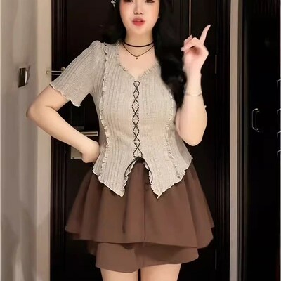 大码纯欲套装短袖上衣+半裙两件套女夏季微胖mm巨显瘦搭配一整套