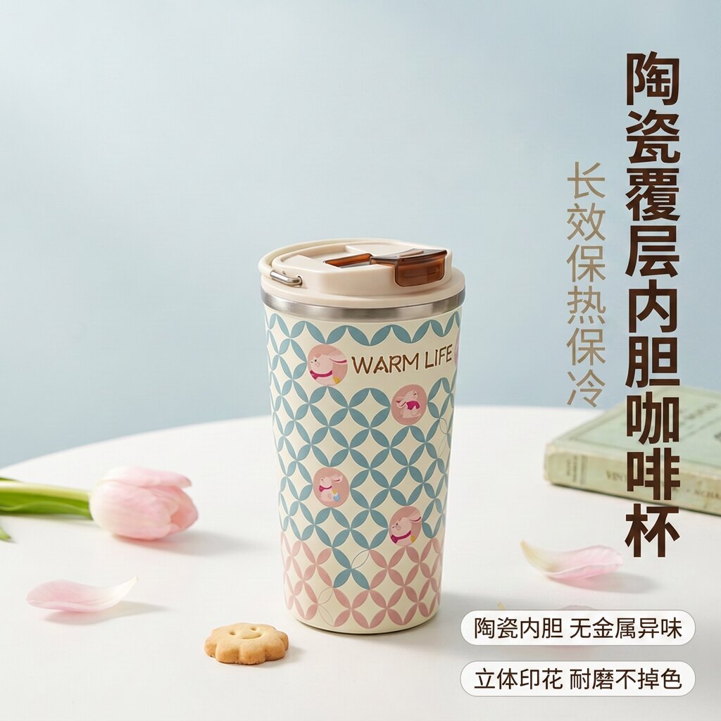 喜式陶瓷覆层内胆保温咖啡杯男女生高颜值生日水杯随行携便杯子