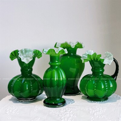 中古芬顿fenton祖母绿色手工玻璃花瓶南瓜六角水养插花器家居摆件