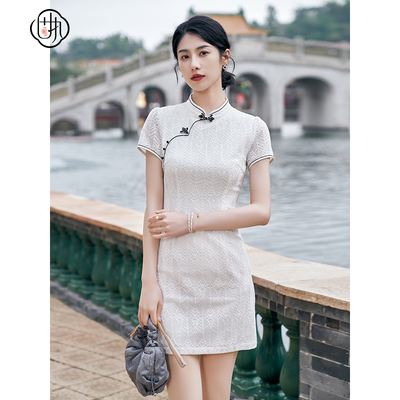 固执2025夏季新款中式立领蕾丝短袖短款旗袍连衣裙10842QP09148