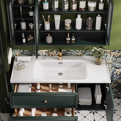 墨绿奶油风一体陶瓷盆浴室柜法式卫生间洗脸洗漱台卫浴柜定制