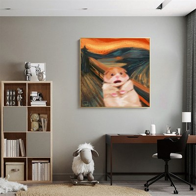 萌趣恶搞蒙克仓鼠呐喊复古卉宠物客厅儿童房装饰画