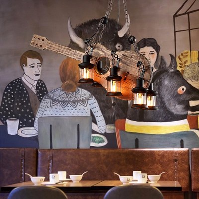 复古吉他吊灯工业风实木创意个性酒吧农家乐音乐吧烧烤店灯具