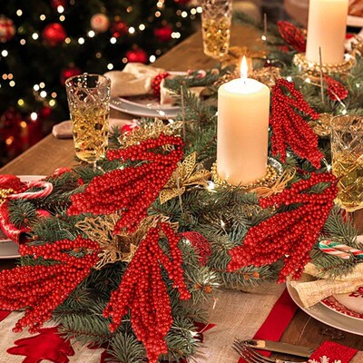 New Christmas Red Berries Branch Artificial Holly Berry Stam