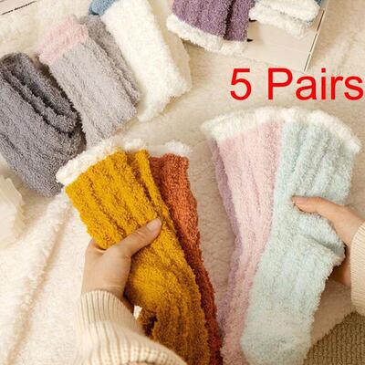 5 Pairs Women Fuzzy Socks Set Winter Warm Striped Thick Velv