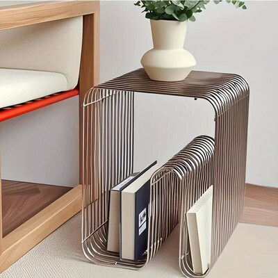 Square metal silver edge table, geometric patterned bookshel