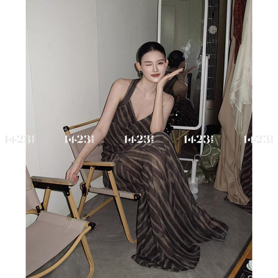 1423【暮色流云】100%桑蚕丝深灰吊带条纹长裙垂坠显瘦鱼尾连衣裙