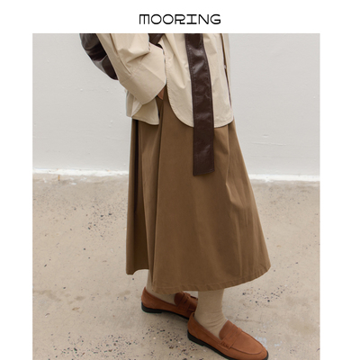 MOORING泊 复古高腰显瘦A字百搭中长款压褶半身裙秋新品裙子女