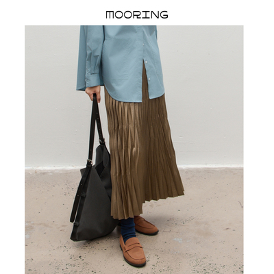 MOORING泊 高腰显瘦 重工光泽感立体竖纹压褶半裙