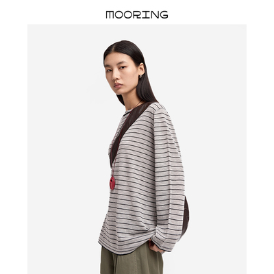 MOORING泊 羊毛混纺慵懒复古条纹针织衫圆领长袖T恤百搭内搭上衣