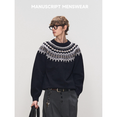 MANUSCRIPT费尔岛针织毛衣 羊绒感慵懒高级感套头圆领提花针织衫