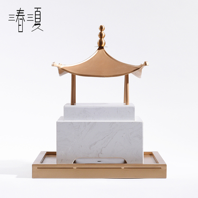 新中式禅意样板房客厅玄关酒店售楼处软装饰品金属古建筑模型摆件